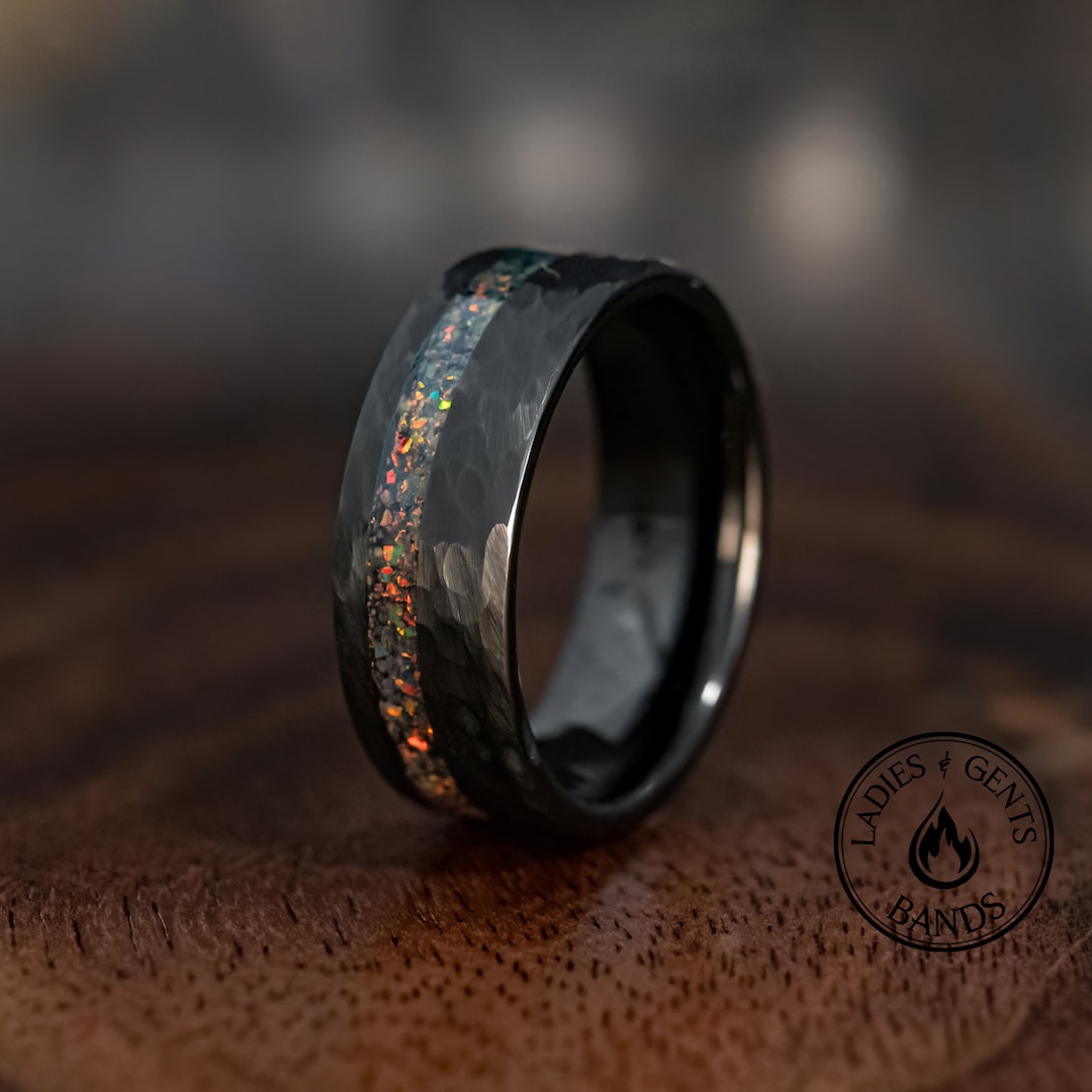 8mm Black Hammered Obsidian-style Wedding Ring, Bello Opal Wedding Ring ...