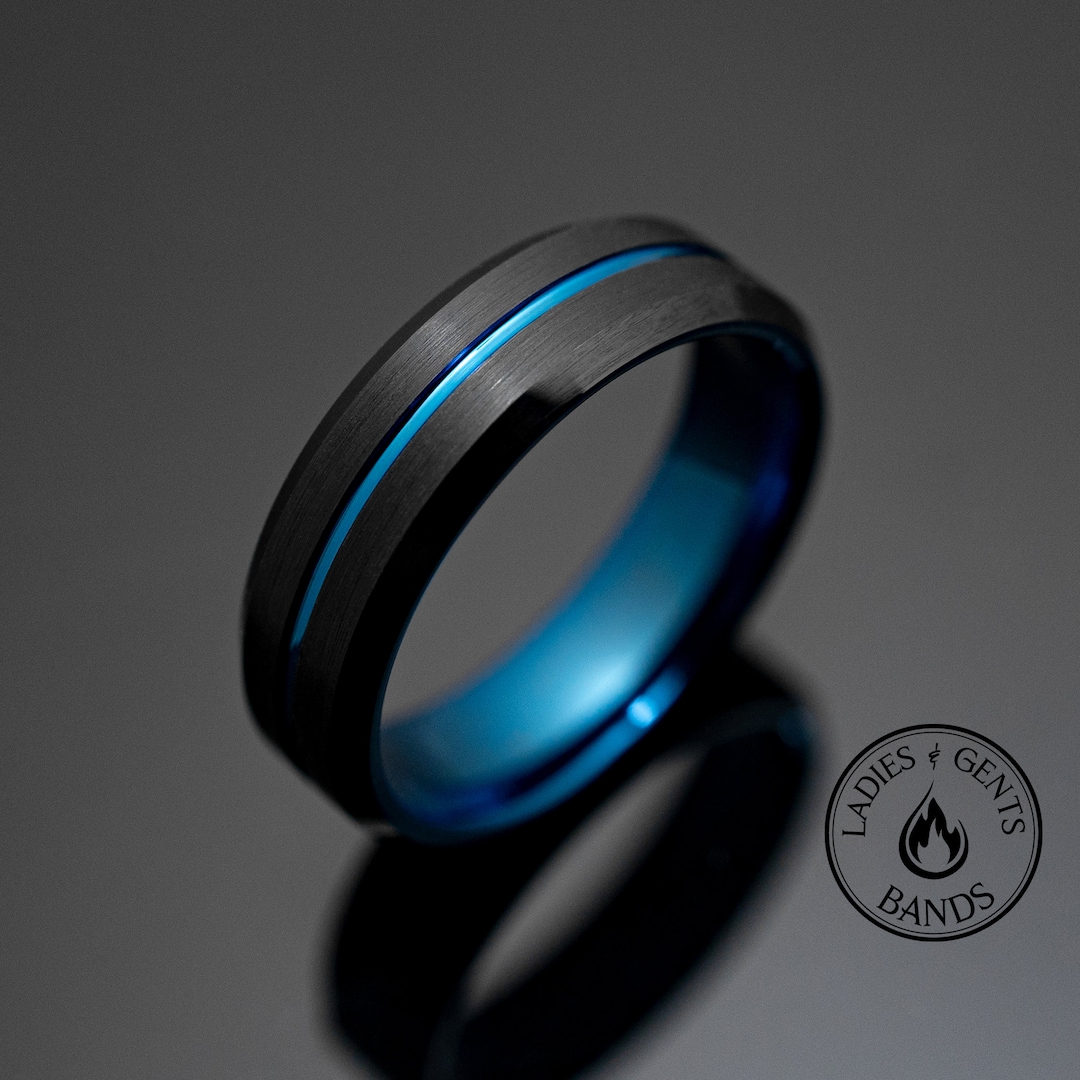 Black Obsidian Blue Brushed Tungsten Wedding Band | Engagement Ring in ...