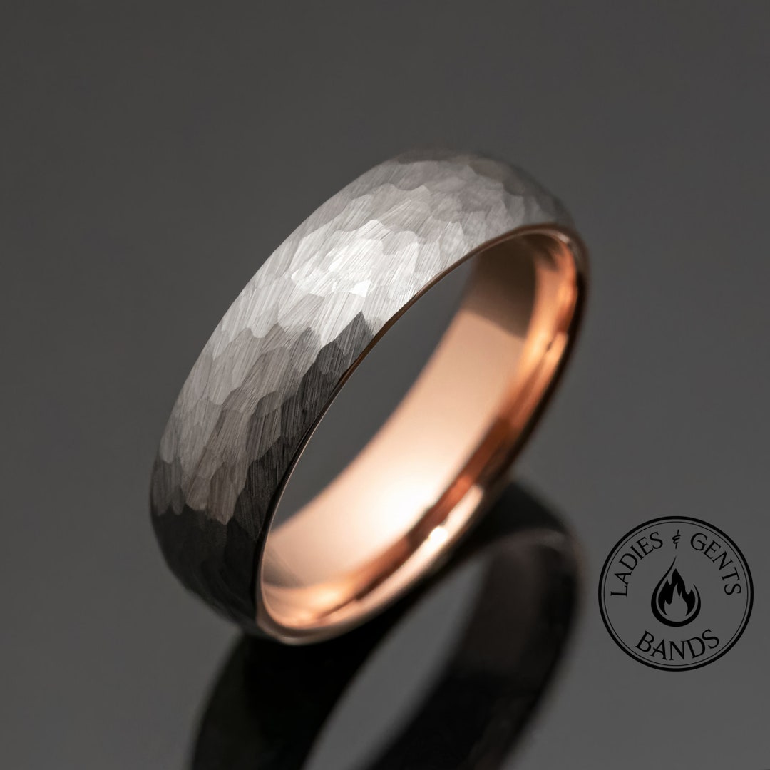 6mm Silver Hammered Tungsten Ring, 6mm Rose Gold Round Dome Design ...