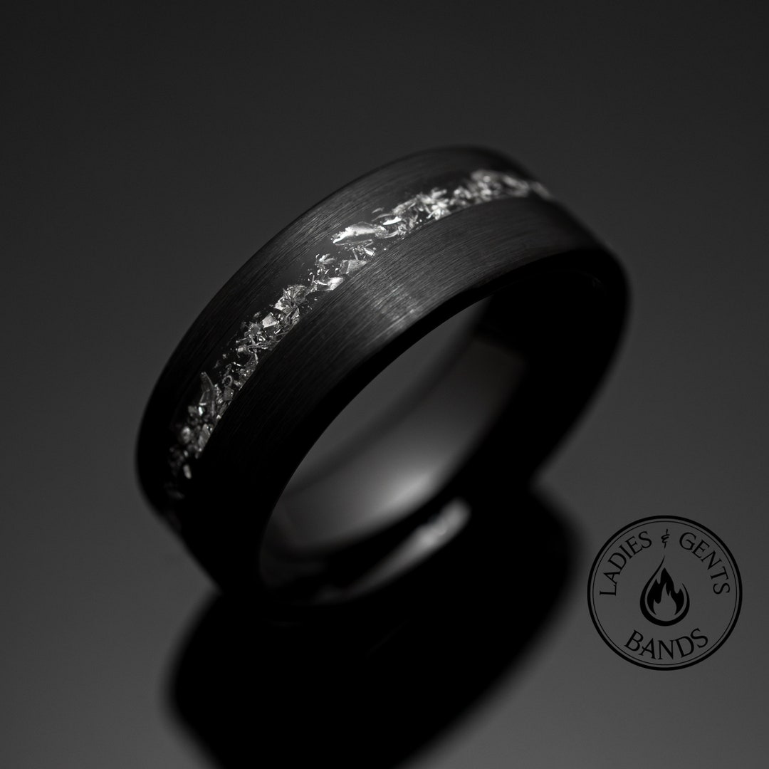 8mm Black Meteorite Brushed Wedding Ring, Black Obsidian Sandblasted ...