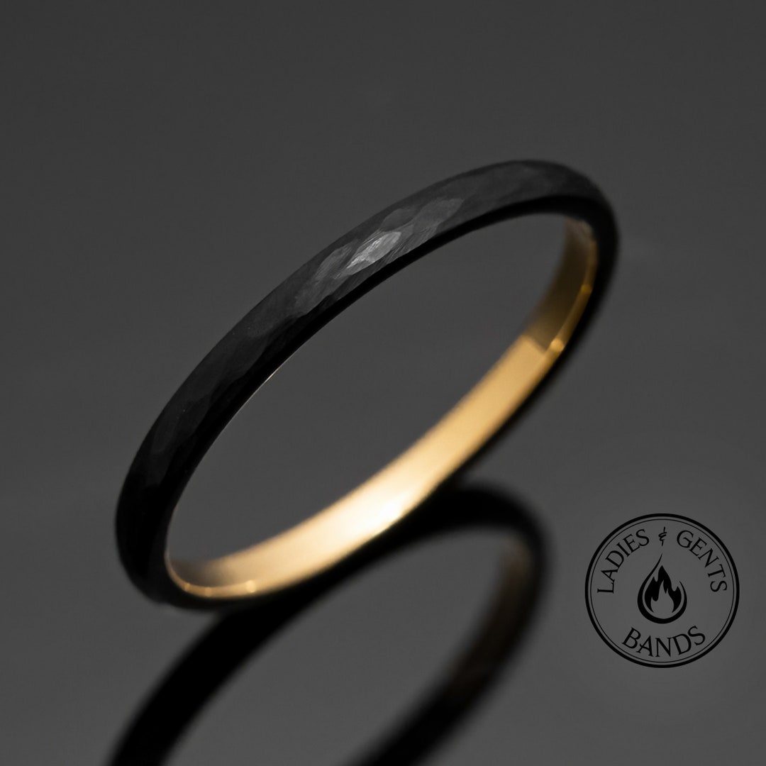 Black Obsidian Gold Hammered Tungsten Ring, 2mm Round Dome Design ...