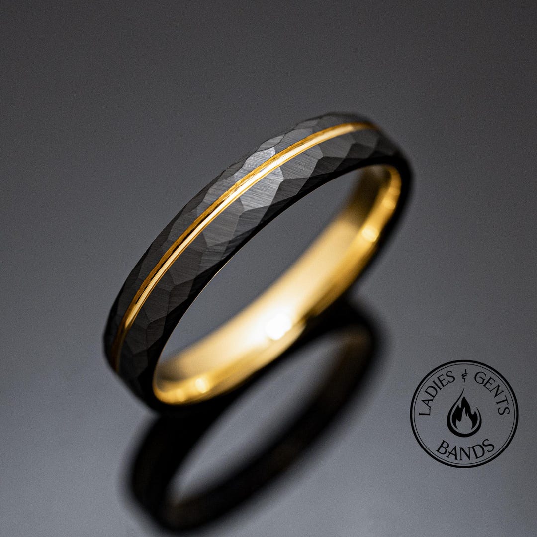 Black Hammered Obsidian Wedding Band, Gold Tungsten Ring for Her in 4mm ...