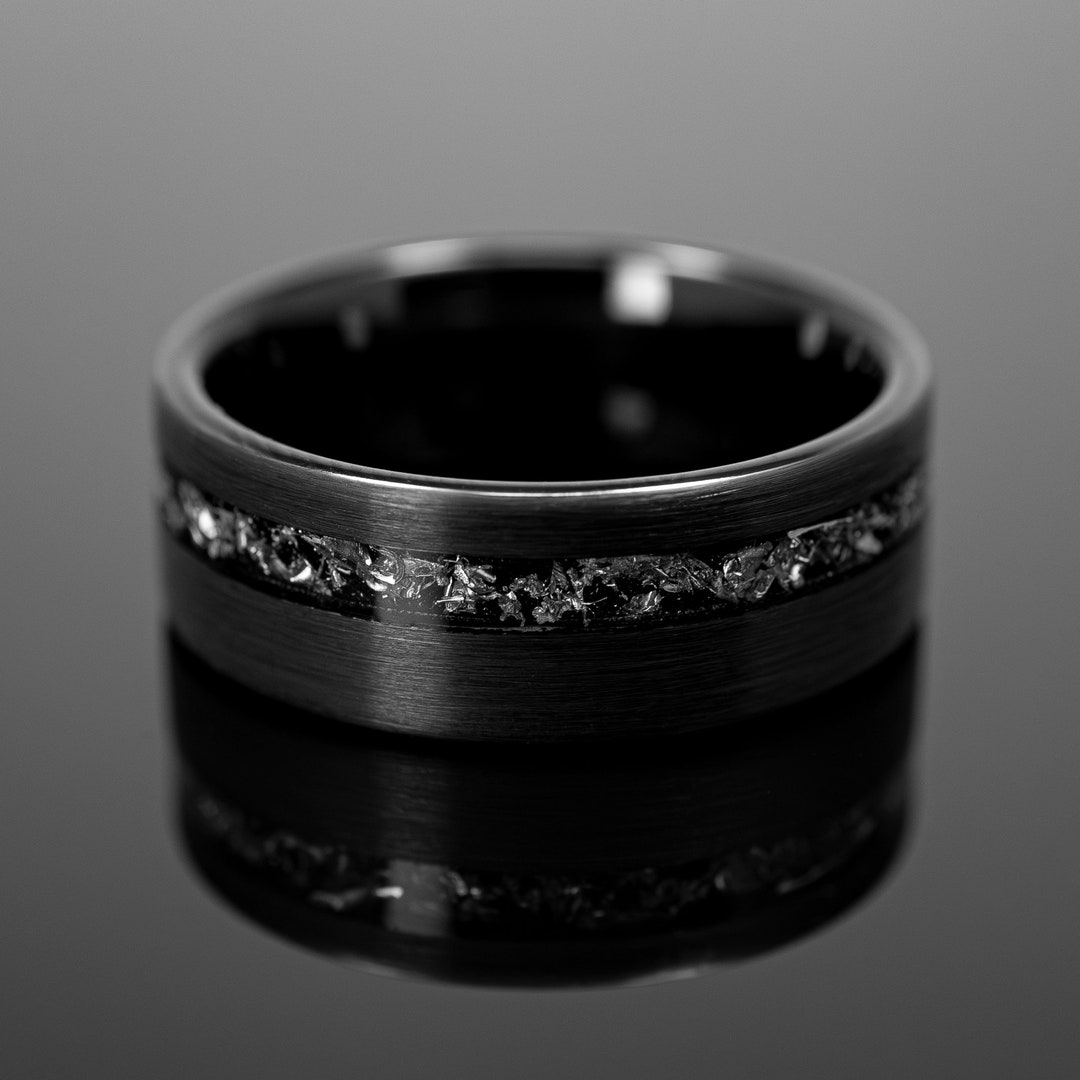 Meteorite Wedding Band in 8mm, Black Obsidian Brushed Mens Wedding Ring ...