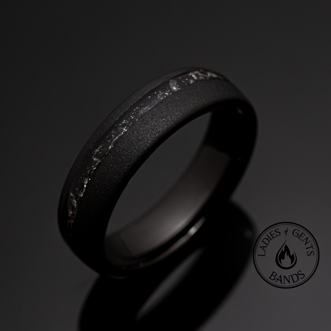 6mm Black Meteorite Sandblasted Wedding Ring, Black Obsidian ...