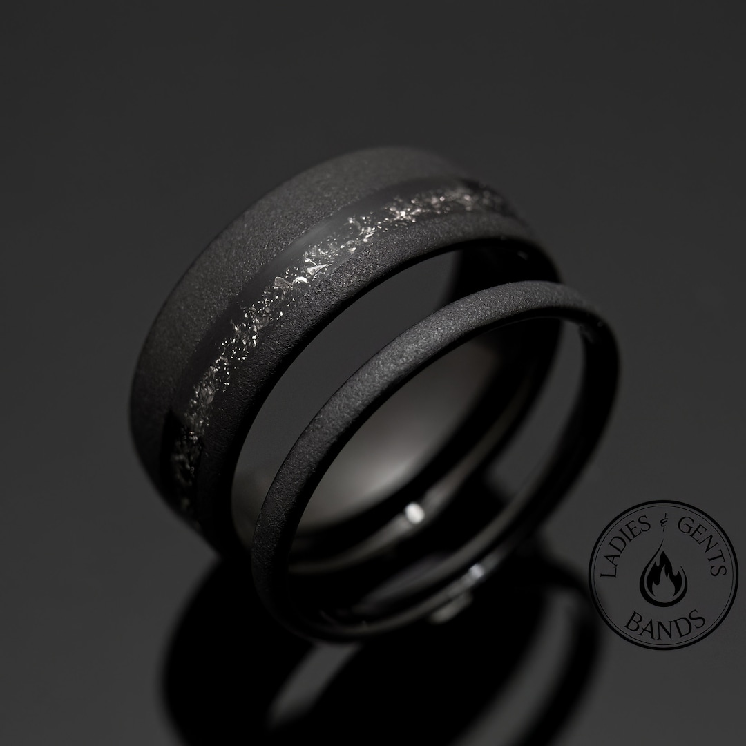 Black Sandblasted Obsidian Meteorite Tungsten Wedding Ring Set His and ...