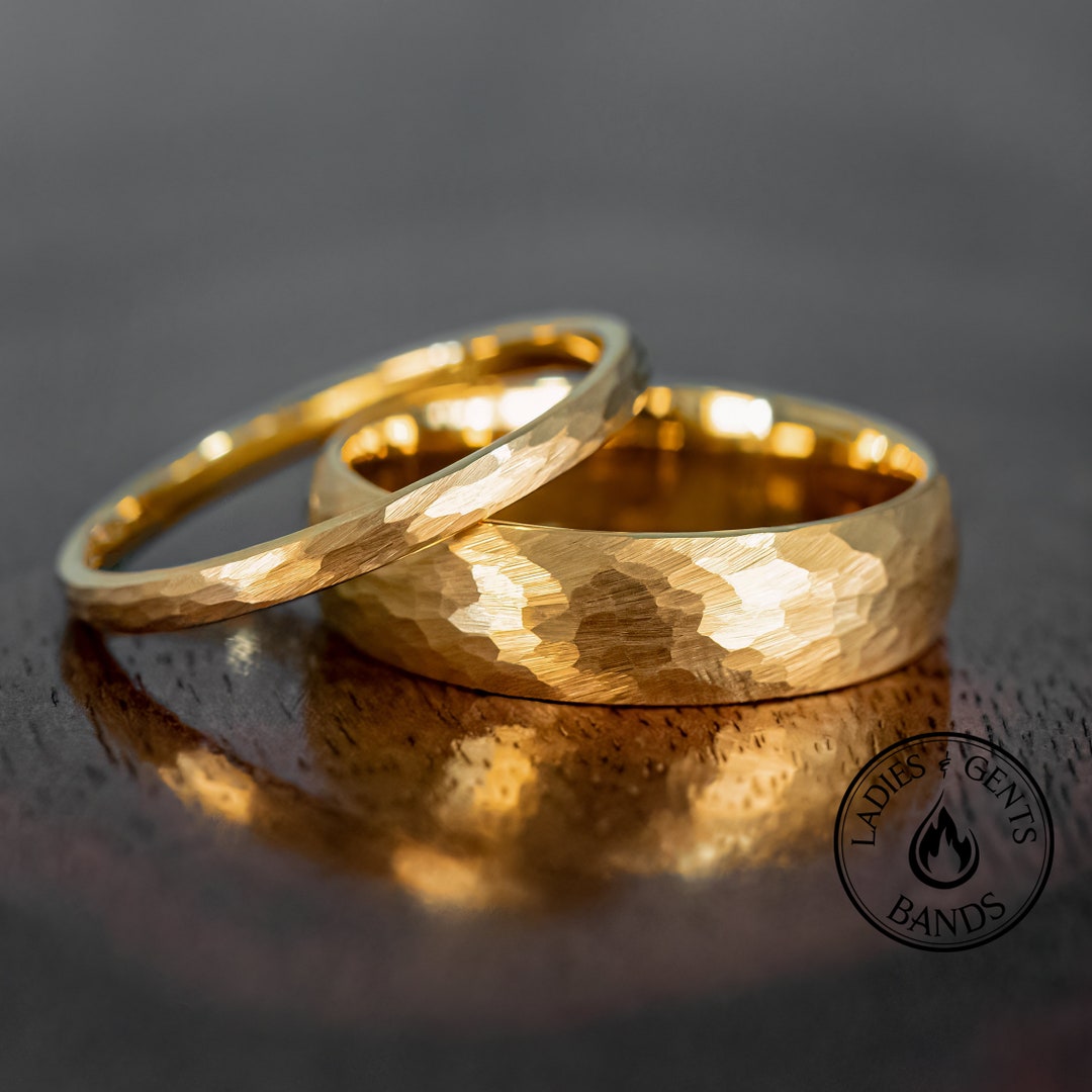 Gold Hammered Tungsten Wedding Ring Set His and Hers, 2mm/6mm Bands - Etsy