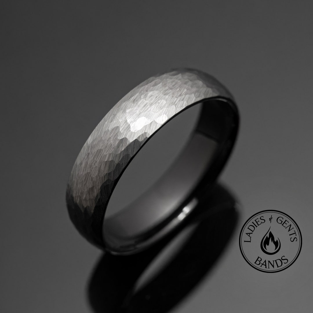 Silver Hammered Tungsten Wedding Band, 6mm Black Inlay Obsidian ...