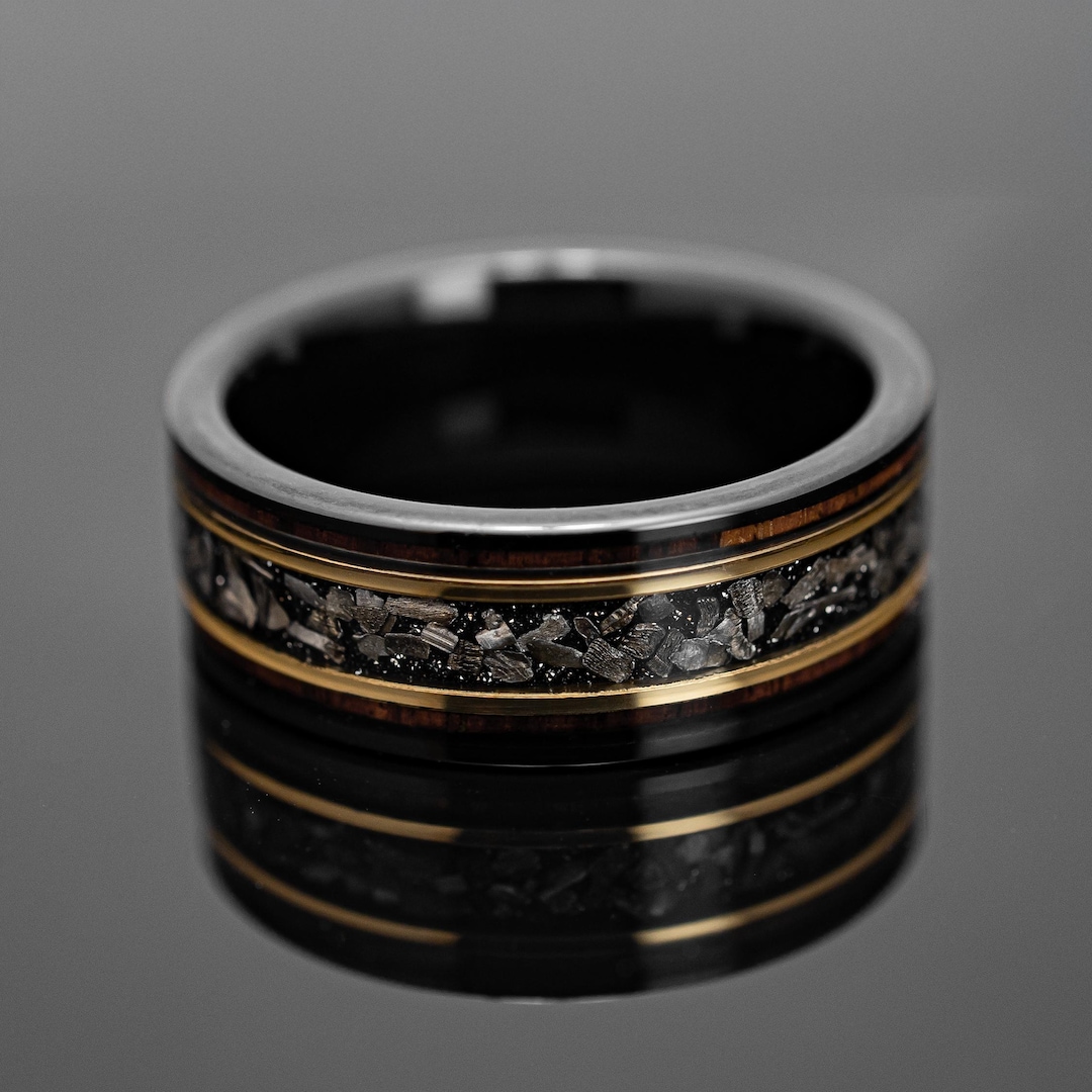 Charred Whiskey Barrel Meteorite Black Mens Wedding Band | Gold Inlay ...