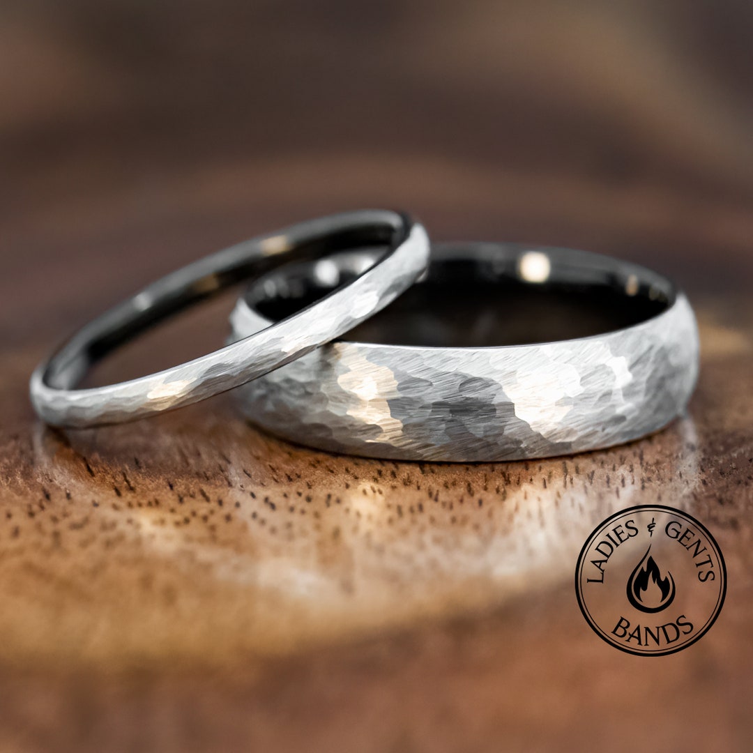 Silver Hammered Obsidian-style Wedding Ring Set His and Hers, Black ...