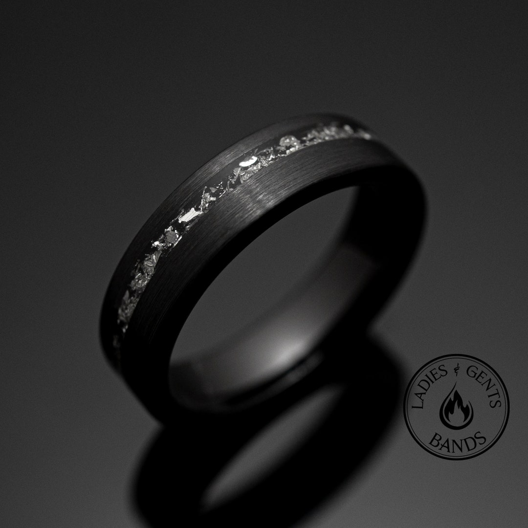 6mm Black Meteorite Brushed Wedding Ring, Black Obsidian Sandblasted ...