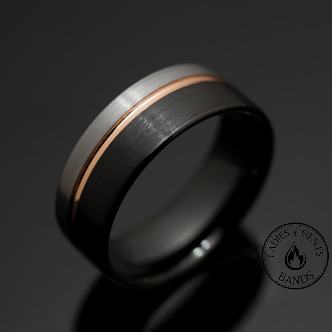 8mm Black and Silver Wedding Band With Rose Gold Strip Accent, Tri ...