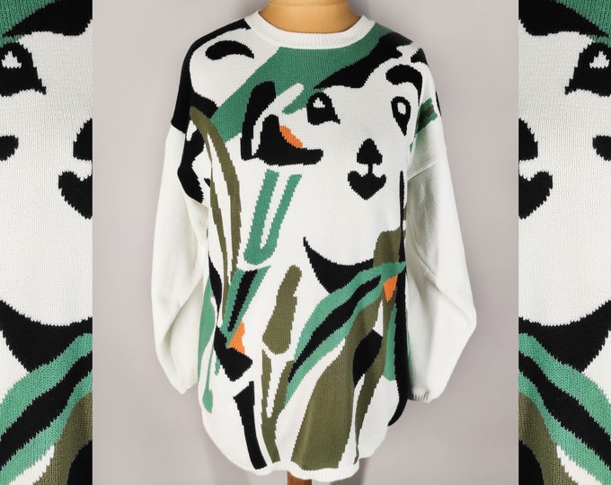 Oversized Knitted Sweater With Panda, Cute Animal Pullover, White Long ...