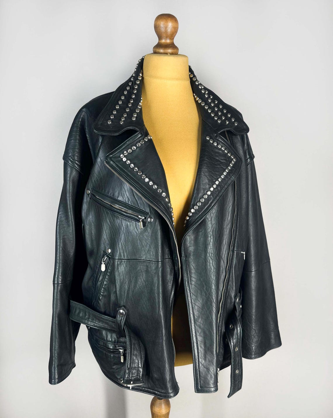 Vintage Black Leather Biker Jacket With Studs, Oversized Studded Women ...