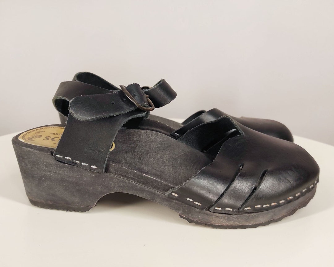 Vintage Swedish Clogs, Black Leather Sandals With Wooden Sole, Women's ...