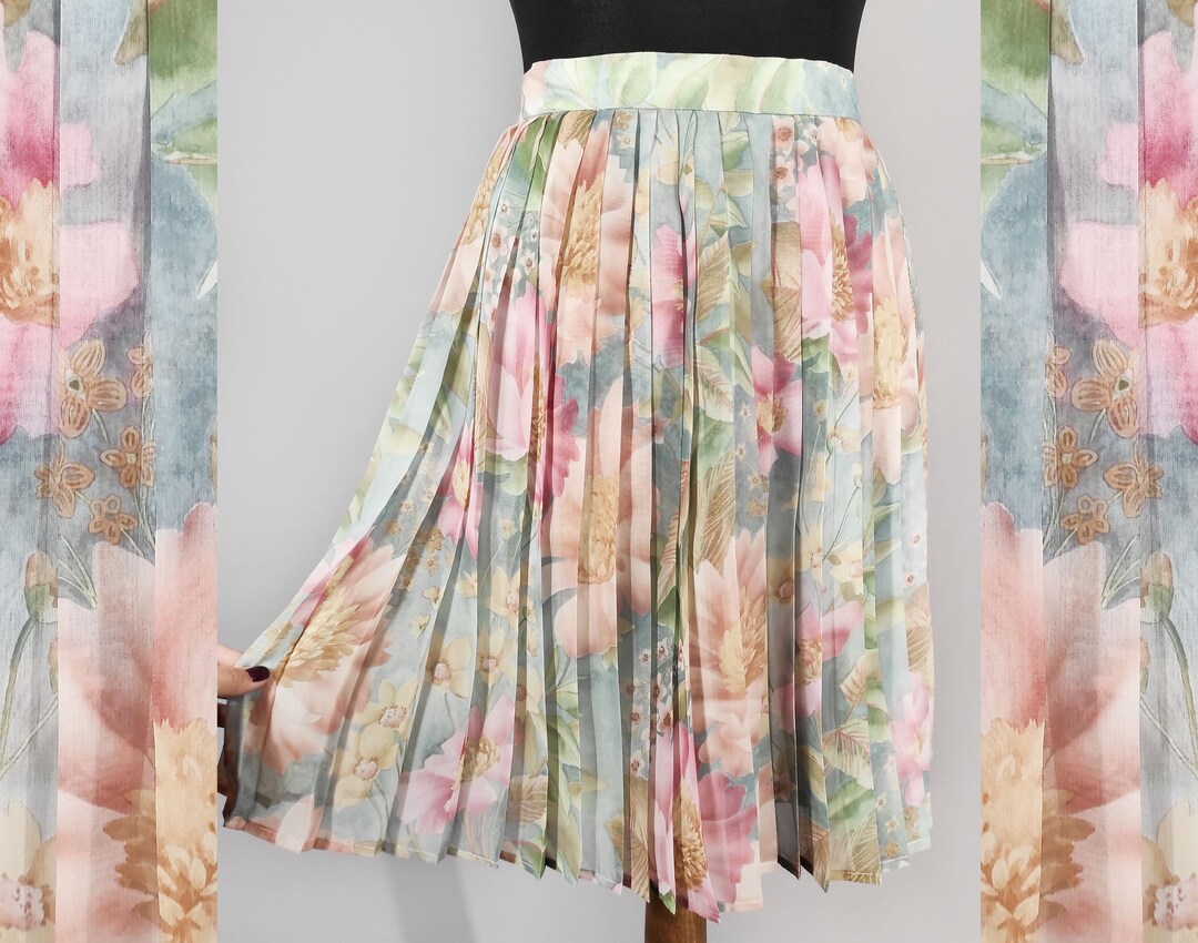 Pastel Floral Vintage Skirt, Women's Pleated Romantic Skirt, Flowy ...