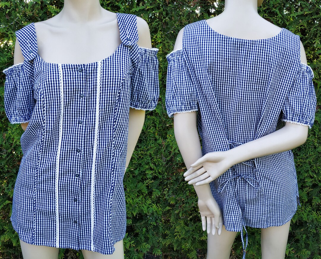 Vintage Checkered off Shoulder Top, Women's Blouse in Vichy Check With ...