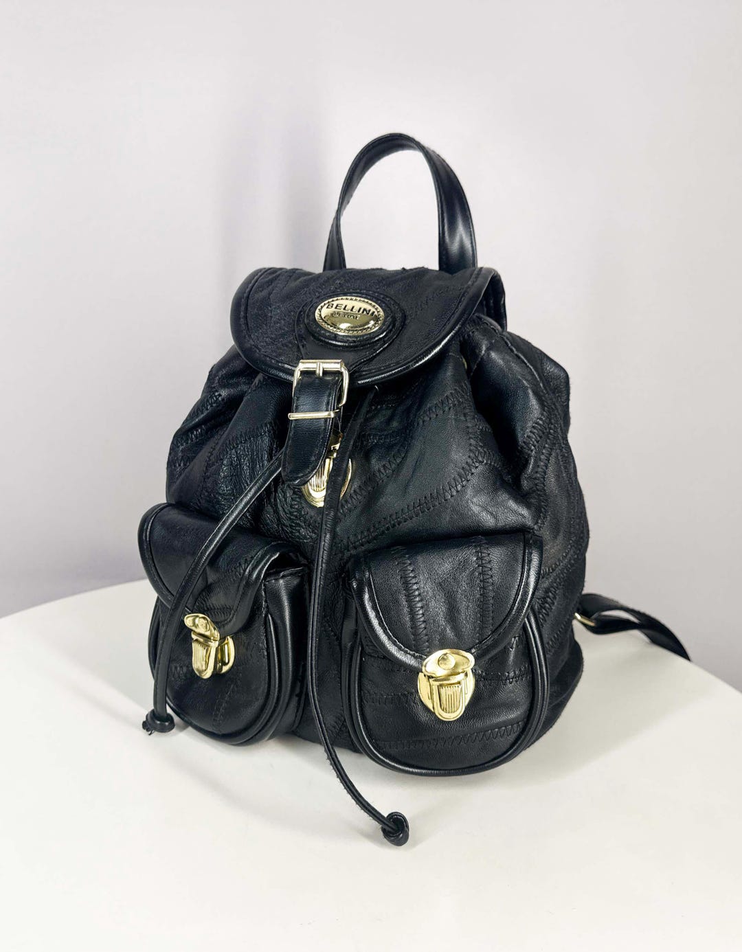 Vintage Black Leather Backpack, 80s Patchwork Backpack With Pockets - Etsy