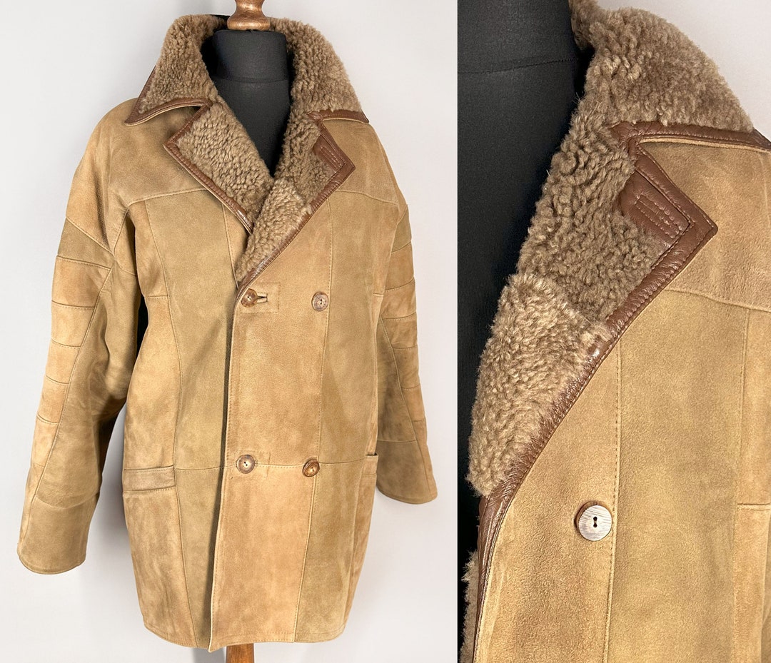 Vintage Sheepskin Coat, Double Breasted Shearling Overcoat, 90s Men's ...
