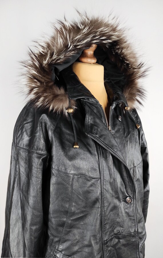 Black leather vintage parka with natural fur, vintage… - Gem