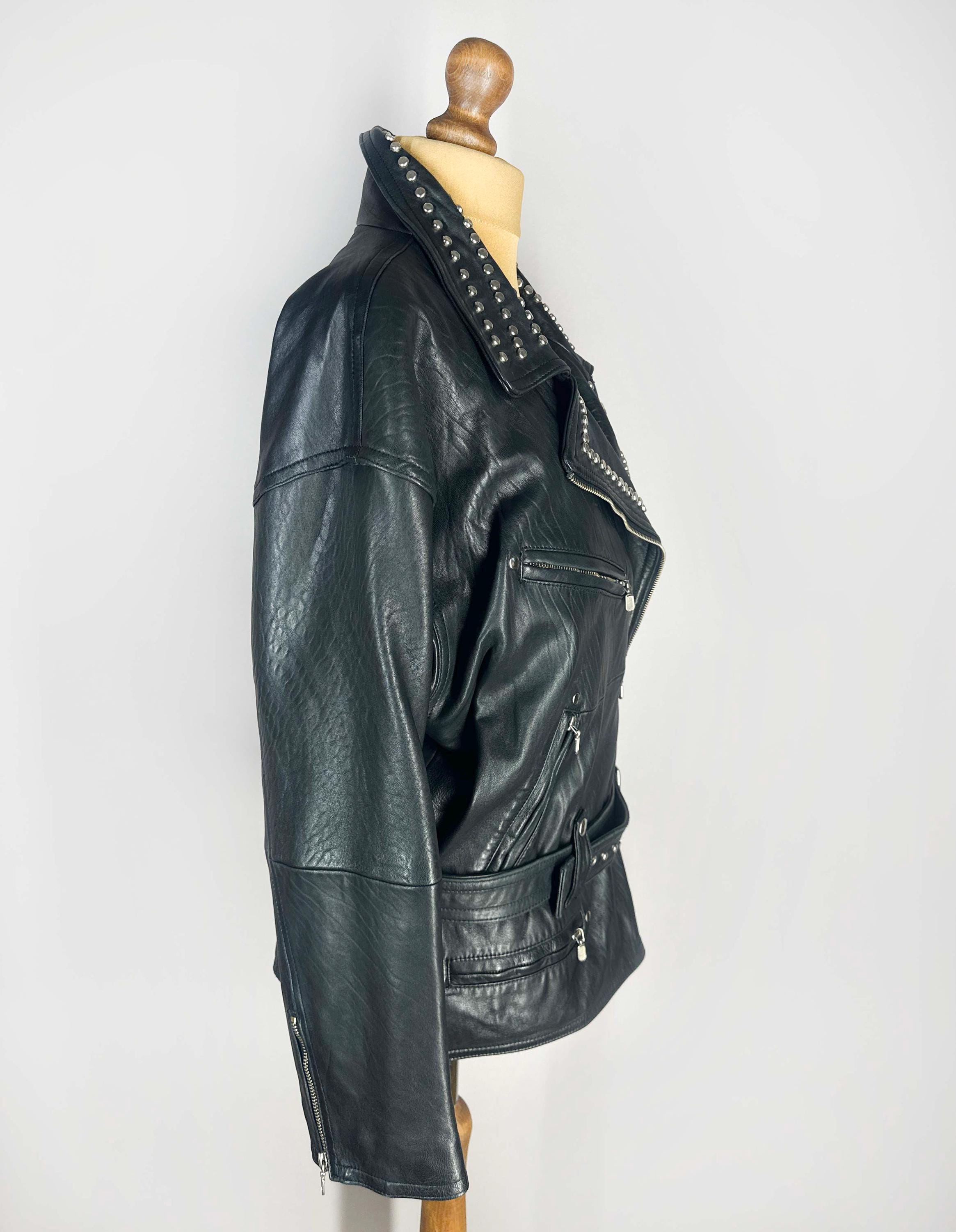 Vintage Black Leather Biker Jacket With Studs, Oversized Studded Women ...
