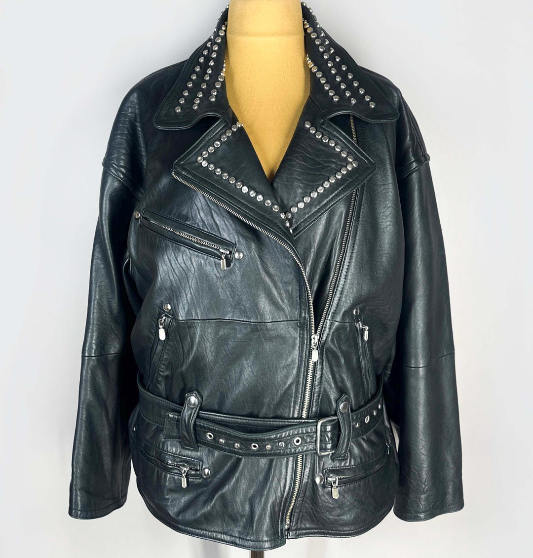 Vintage Black Leather Biker Jacket With Studs, Oversized Studded Women ...