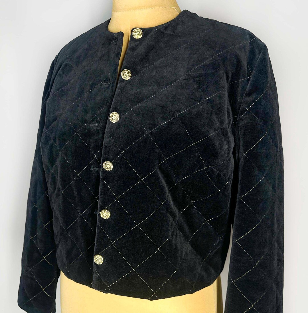 Black Velvet Quilted Jacket, Women's 70s Short Blazer, Vintage Formal ...