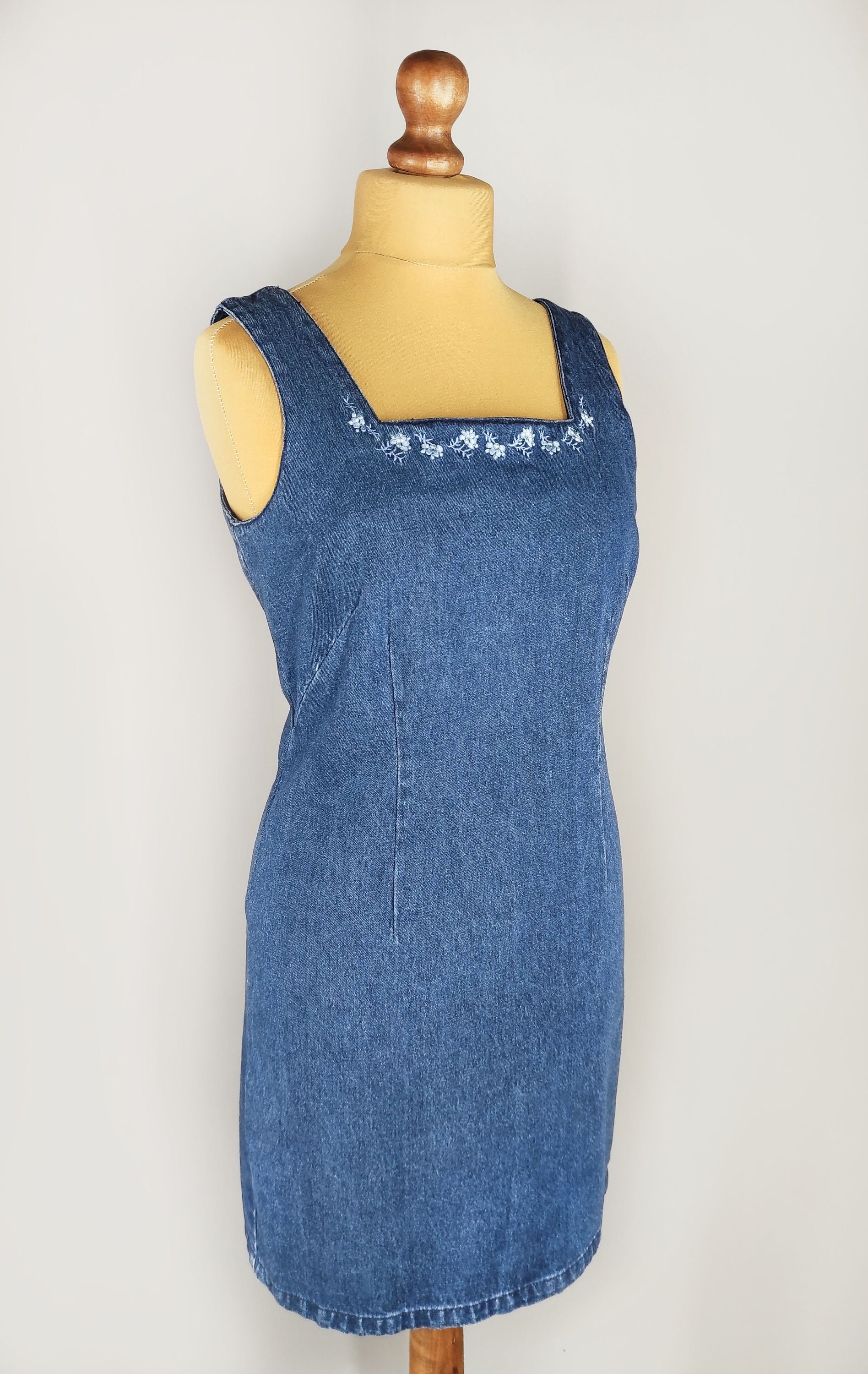 Blue Denim Dress With Floral Embroidery, Embroidered Vintage Denim Mini ...
