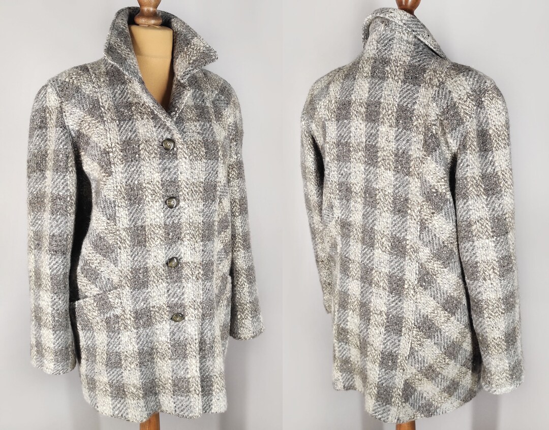Checkered Wool Blend Jacket, Women's 80s Tweed Coat - Etsy