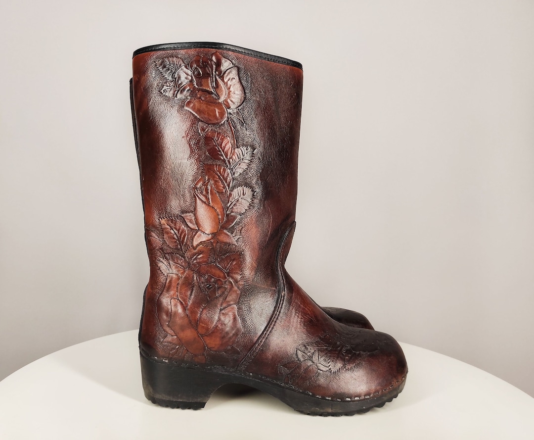 Vintage Clog Boots With Embossing, Hand Tool Embossed Boots With Wooden ...