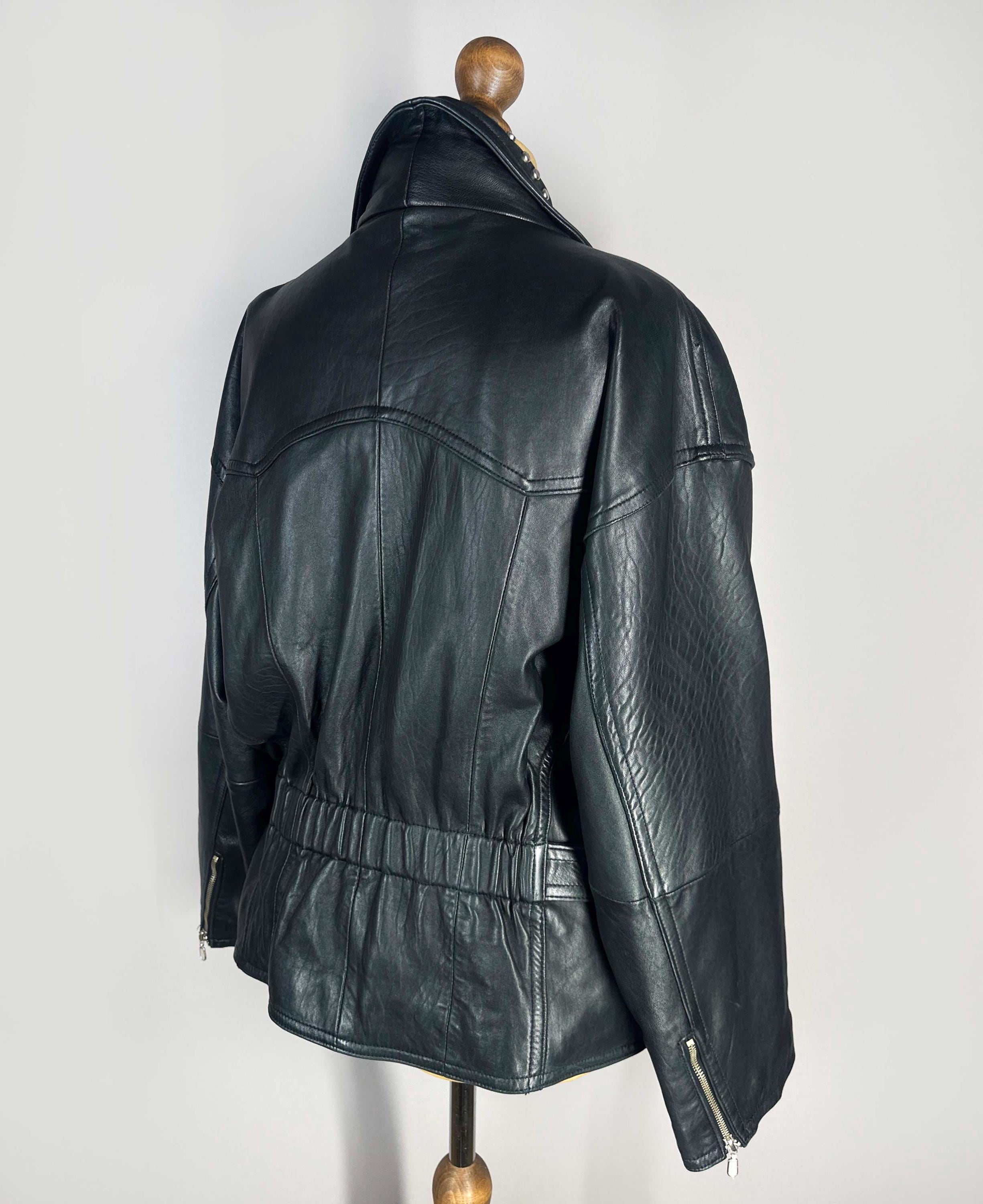 Vintage Black Leather Biker Jacket With Studs, Oversized Studded Women ...