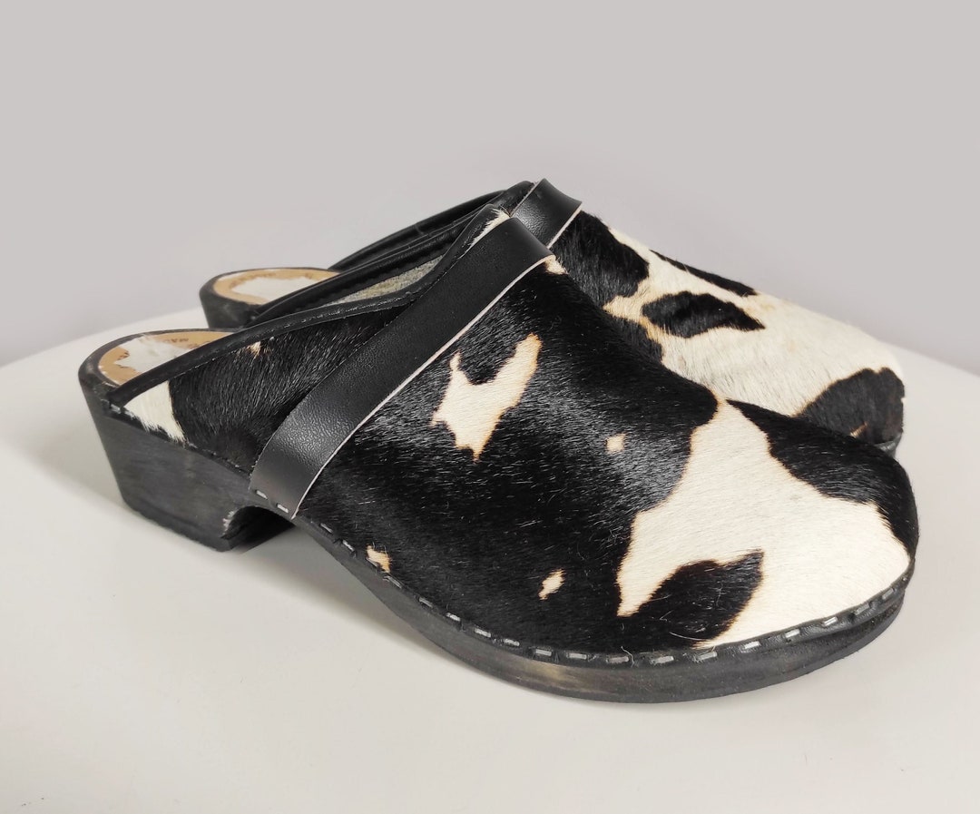 Vintage Fur Clogs With Wooden Sole, Cow Print Mules From Y2K, Animal ...
