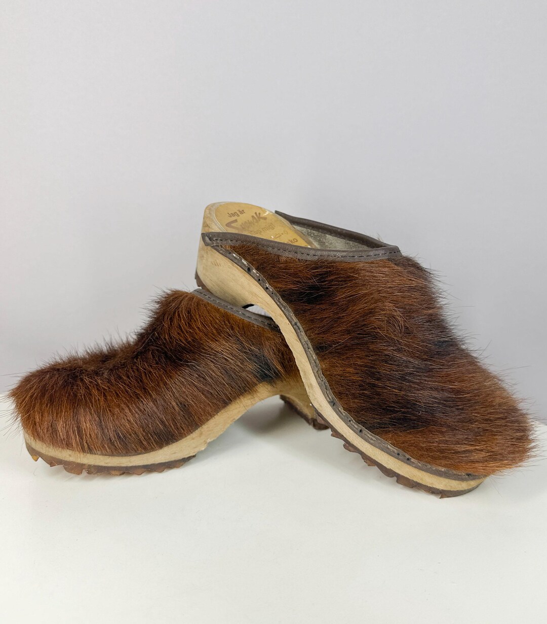 Swedish Vintage Clogs With Fur Upper, Women's Brown Clog Shoes, 70s ...