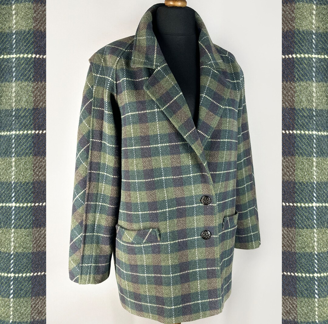 Vintage Wool Blend Coat, Plaid Women's Jacket, Green Preppy Coat, 90s ...