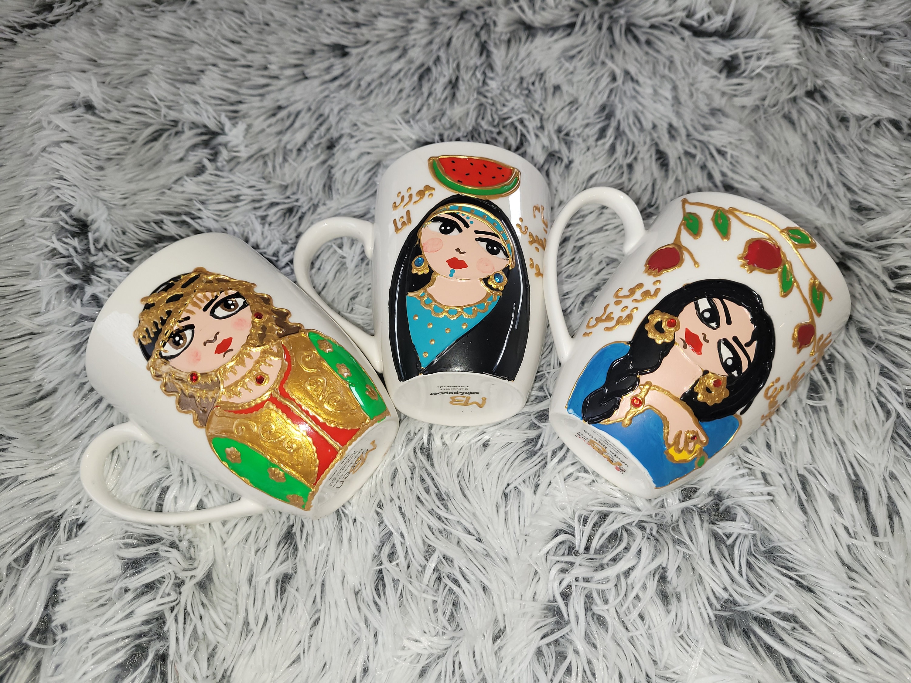 Hand Painted Mugs, Iraqi Traditional Mugs, Arabesque, Tribal Women ...