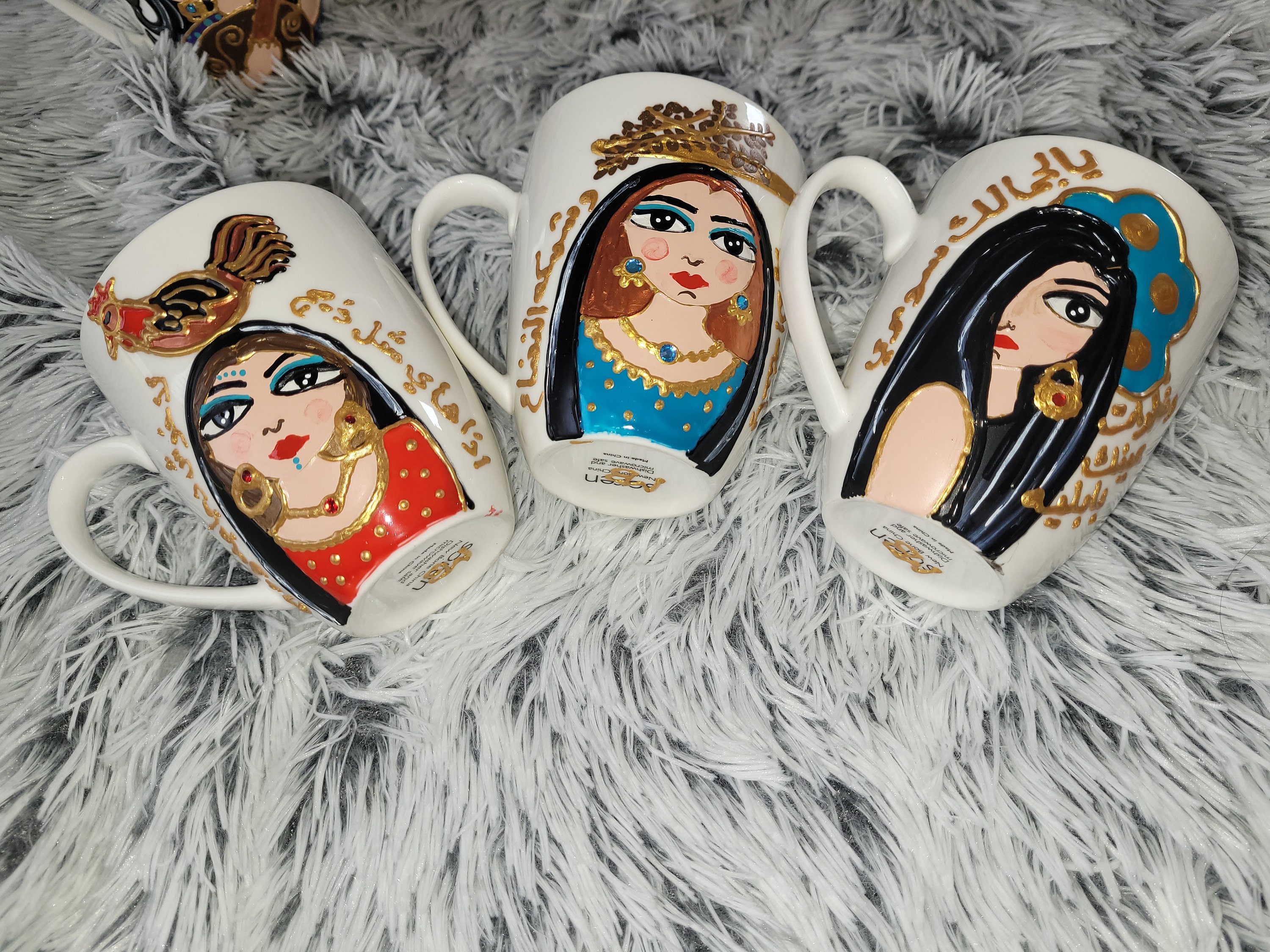 Hand Painted Mugs, Iraqi Traditional Mugs, Arabesque, Tribal Women ...