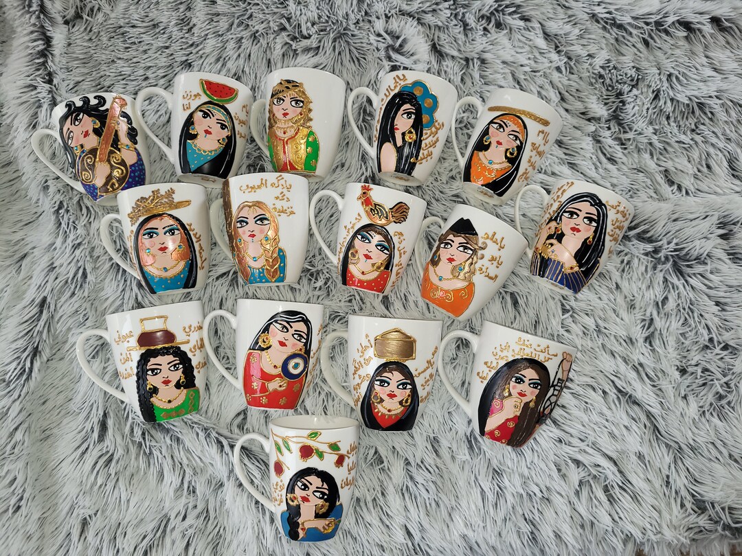 Hand Painted Mugs, Iraqi Traditional Mugs, Arabesque, Tribal Women ...