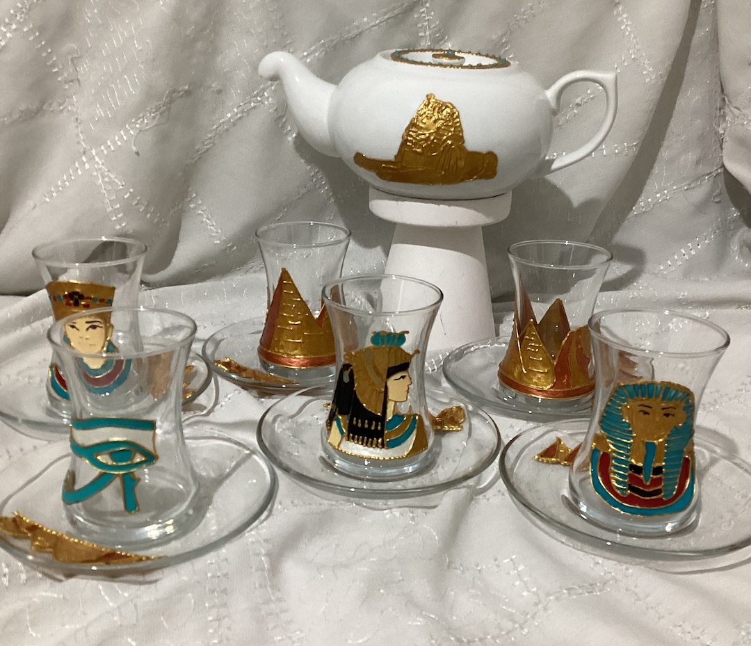 Hand Painted Arabic Turkish Tea Chai Cups Pot, Egyptian Ancient Symbols ...