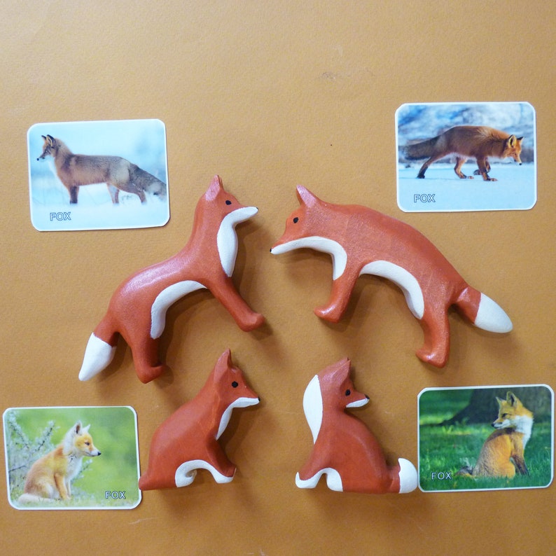 Wooden fox set 4 pcs Fox figurine Wooden animal play set | Etsy