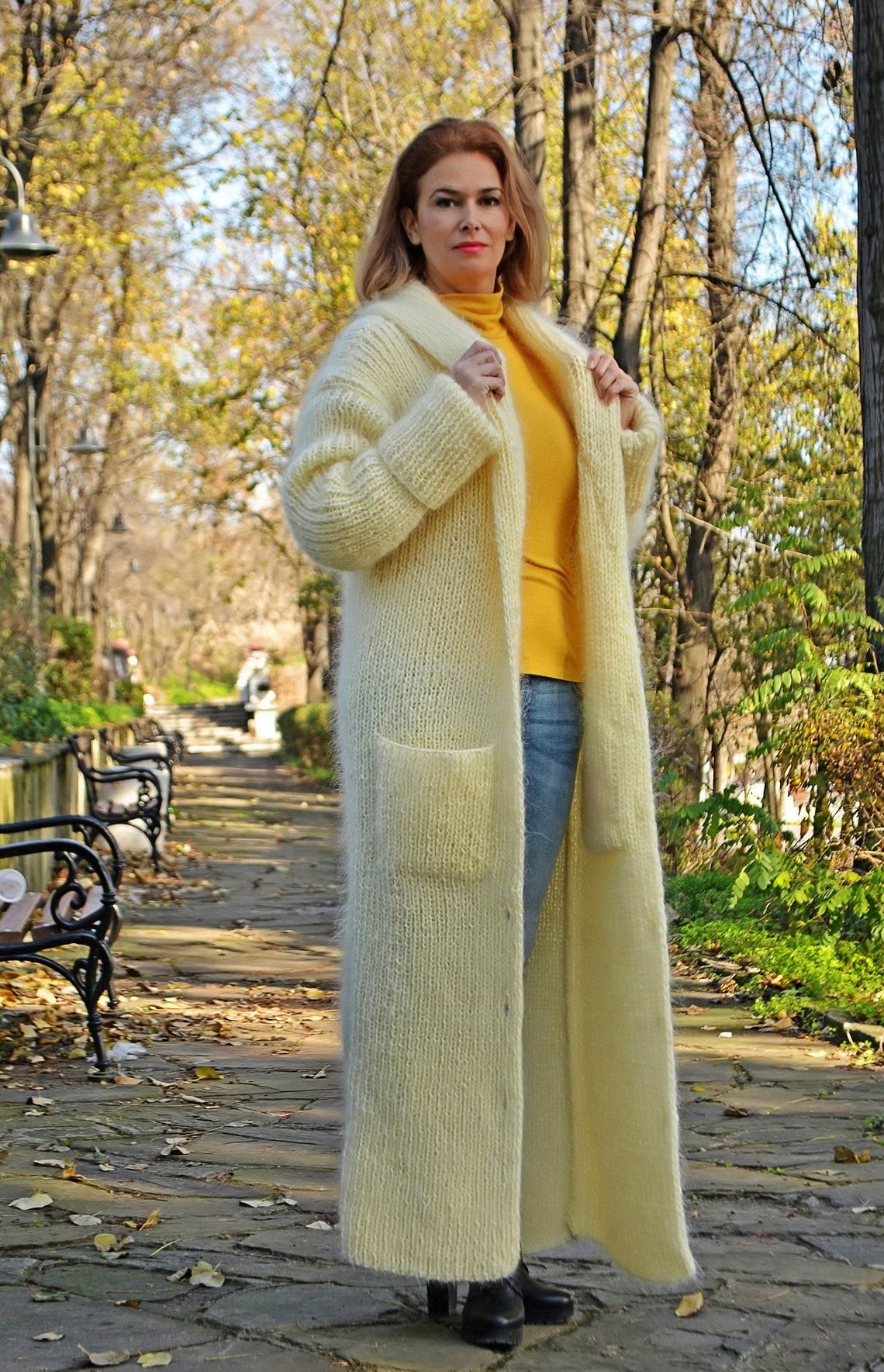 Long Mohair Cardigan Hand Knit Wool Cardigan Knit Collared Cardigan
