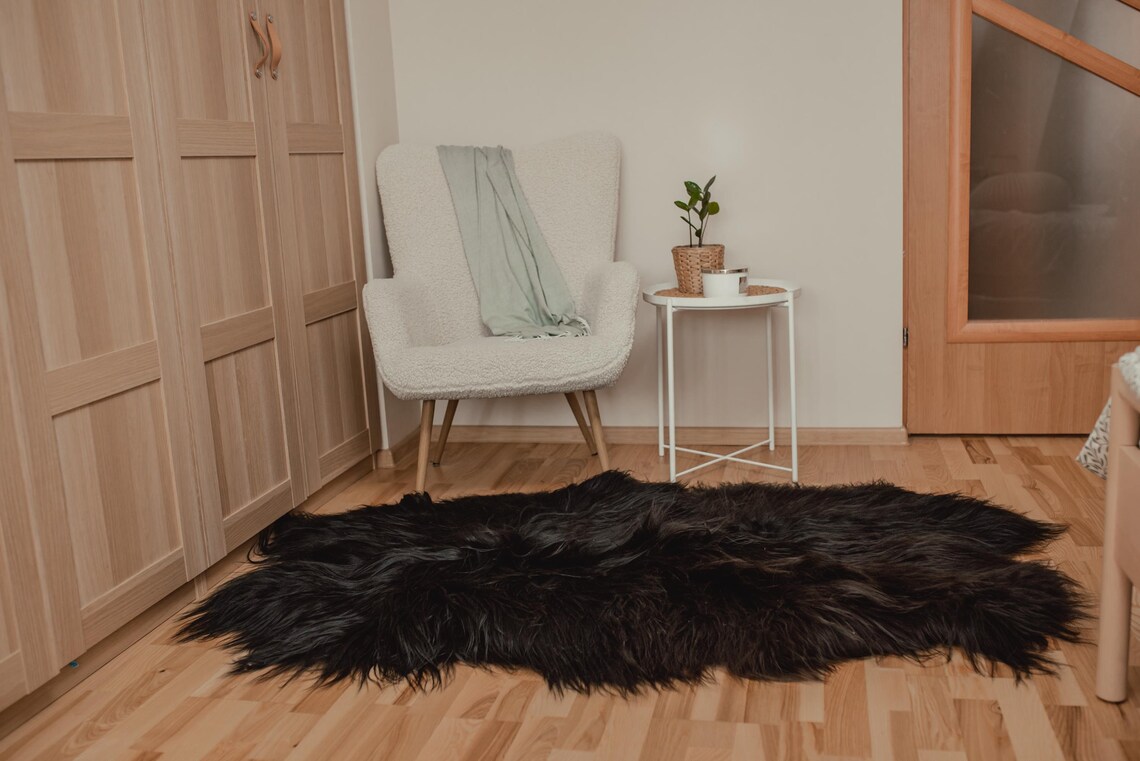 Giant XXL Genuine Natural Black Quadruple Icelandic Sheepskin Rug, Pelt ...