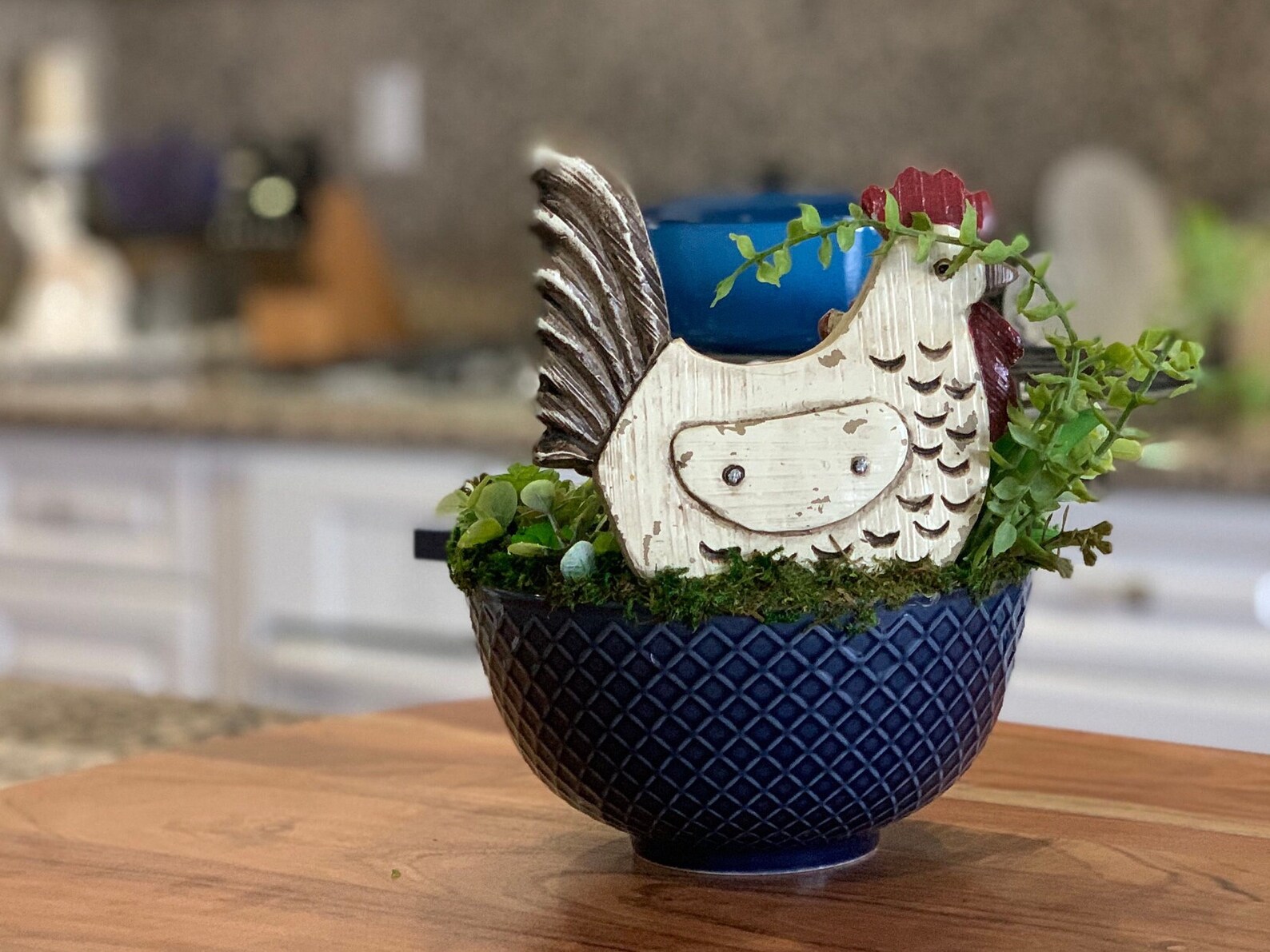 Farmhouse Inspired Artificial Arrangement in Beautiful Ceramic Bowl. Featuring Wooden Chickens ...