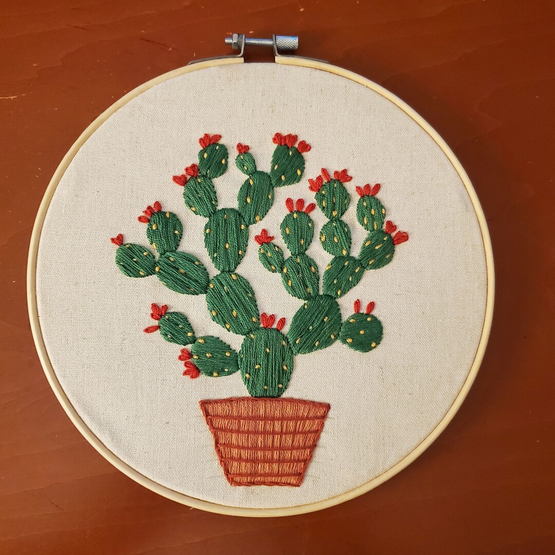 Cactus Embroidery Art, Finished Flowering Cactus Hoop Wall Hanging ...