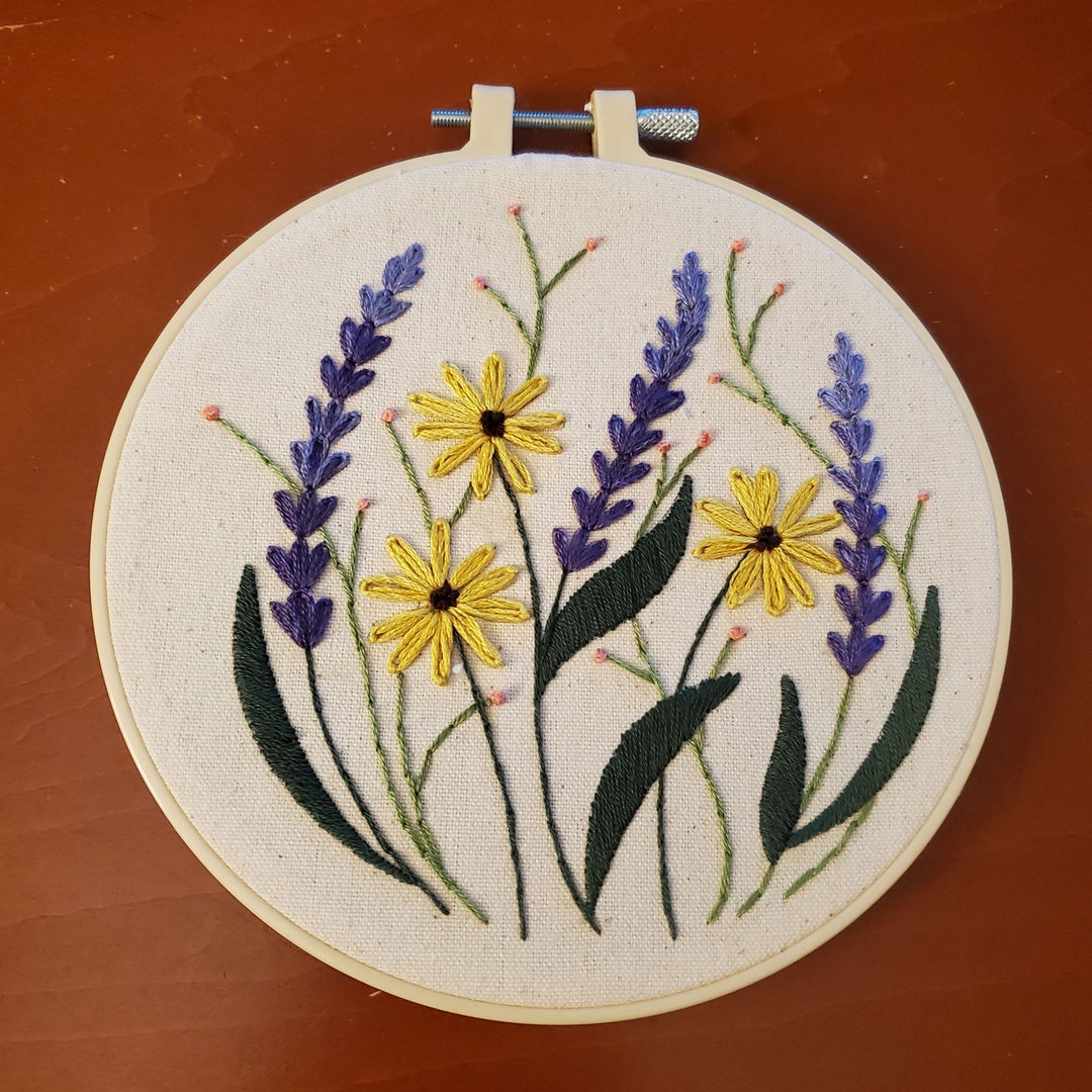 Floral Embroidery, Finished Yellow and Purple Flowers Hoop Wall Hanging ...