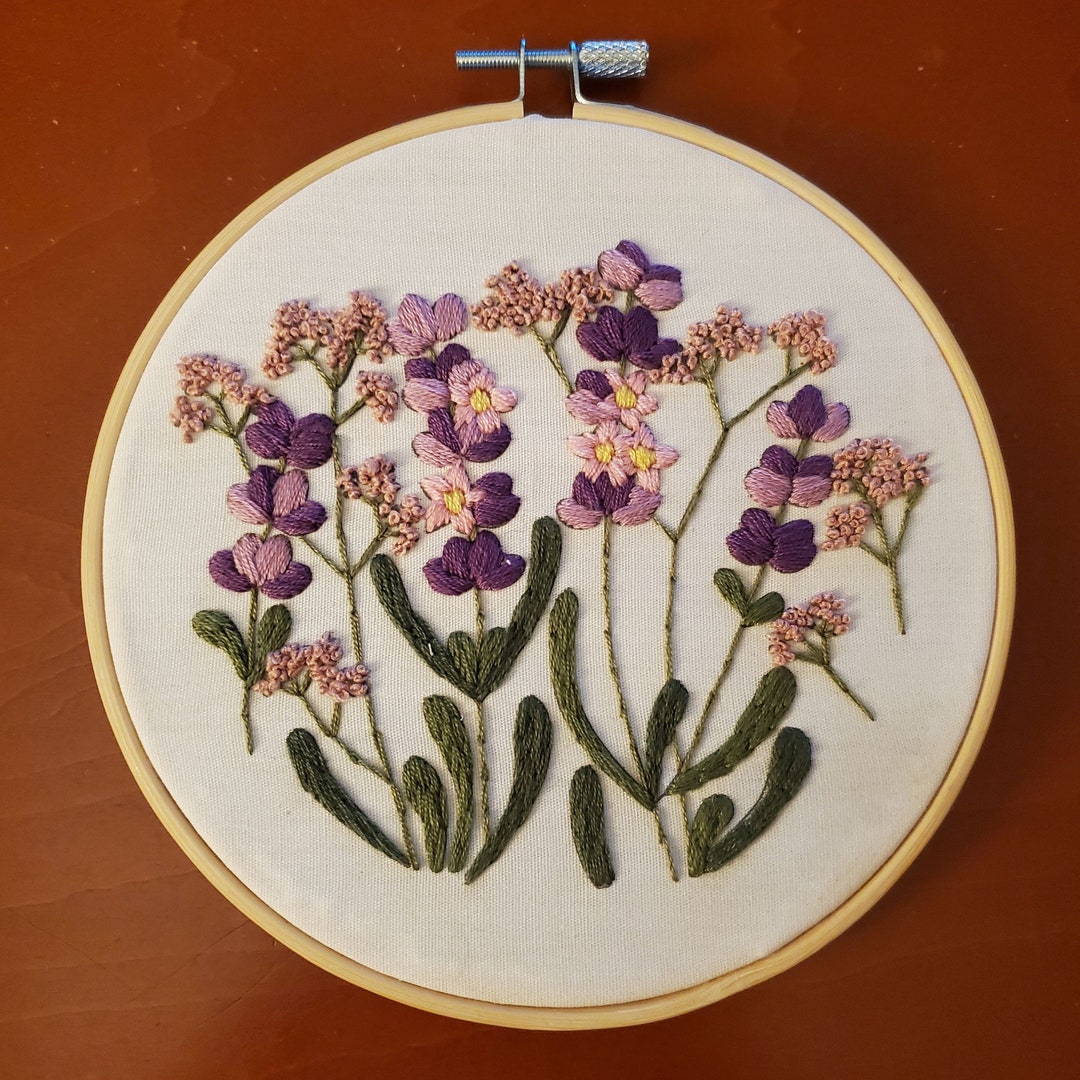 Floral Embroidery Art, Finished Purple Flowers Hoop Wall Hanging, Hand ...