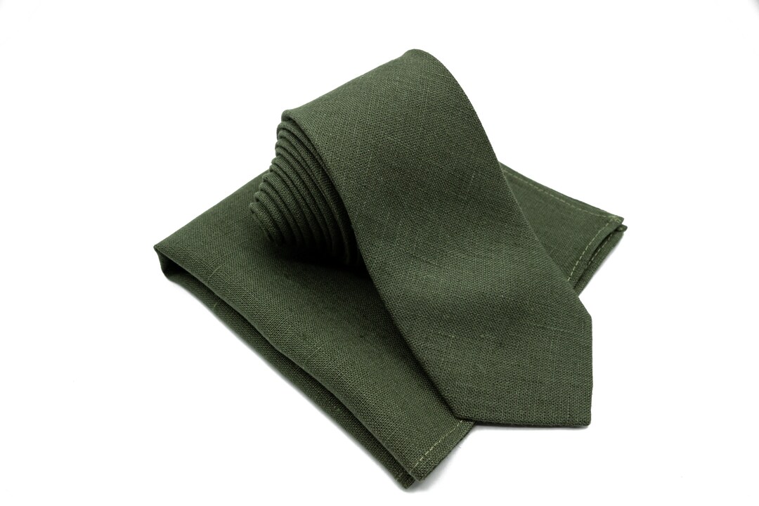 Army Green Linen Necktie & Pocket Square: Groomsmen Wedding Tie - Etsy