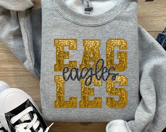 Eagles Stacked Green Faux Embroidery Faux Sequin Mascot Ready to Press Transfer Direct to Film ...