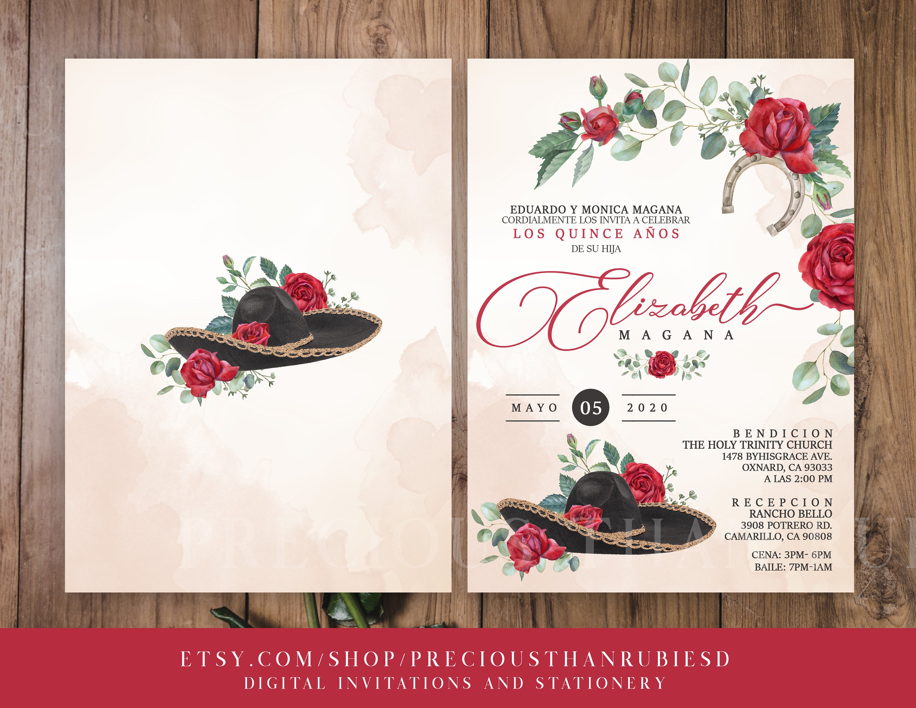 Red QUINCEANERA Mariachi Charra Watercolor Invitation, Rustic Charro ...