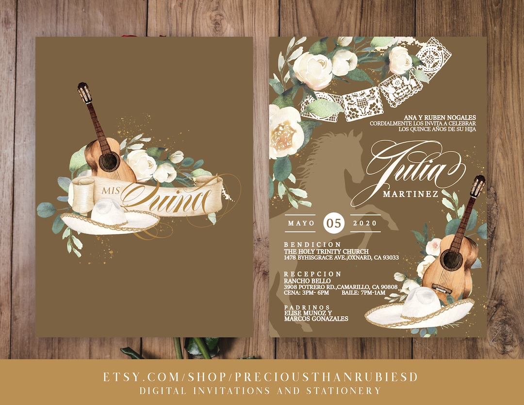 Western Gold Charro Mariachi Watercolor Invitation, Gold Charra ...