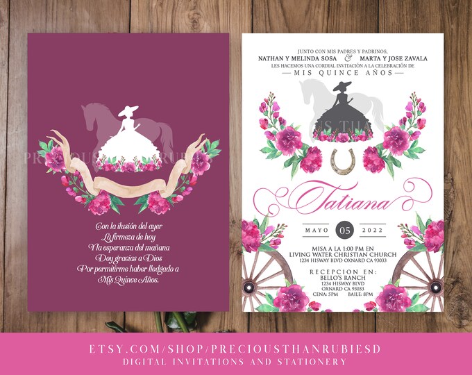 Fuchsia Pink and Black Charra Invitation, Mariachi Charro Western ...
