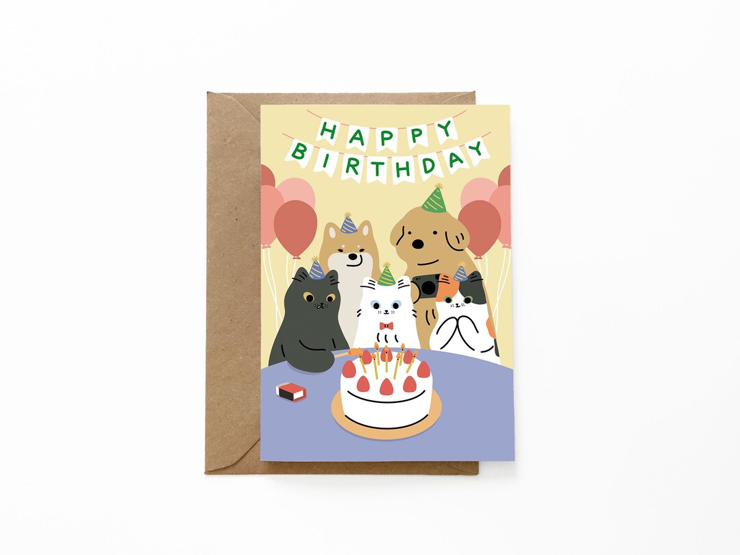 Cats & Dogs Birthday Card Greeting Card Happy Birthday Birthday Party ...